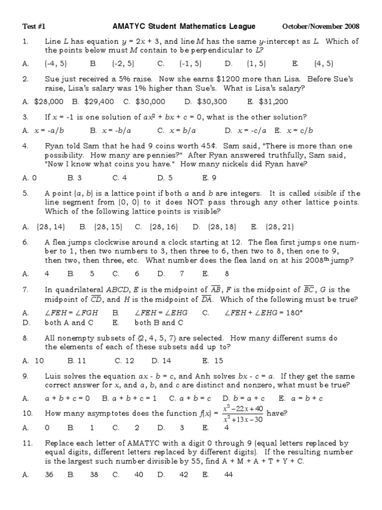 Test #1 AMATYC Student Mathematics League October/November 2008 | PDF
