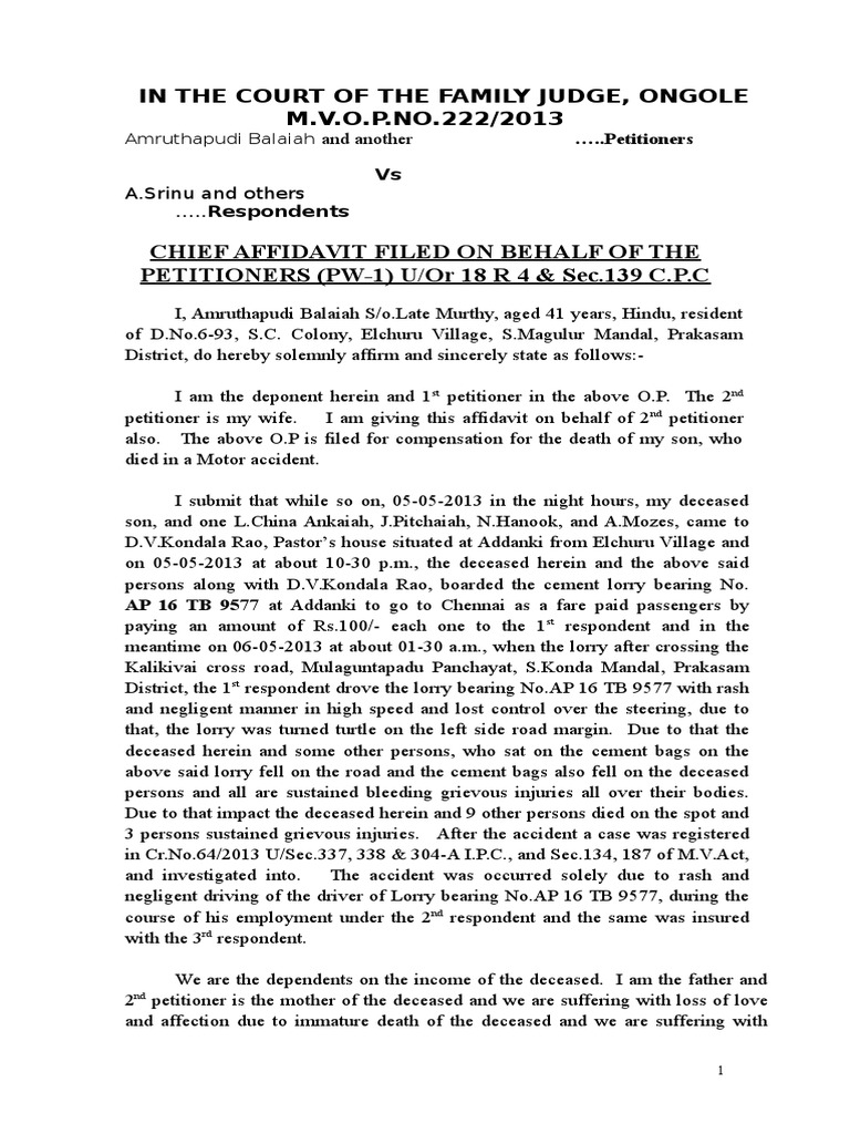 Chief Affidavit of Petitioner M.v.O.P.222 of 2013 | Common Law | Government
