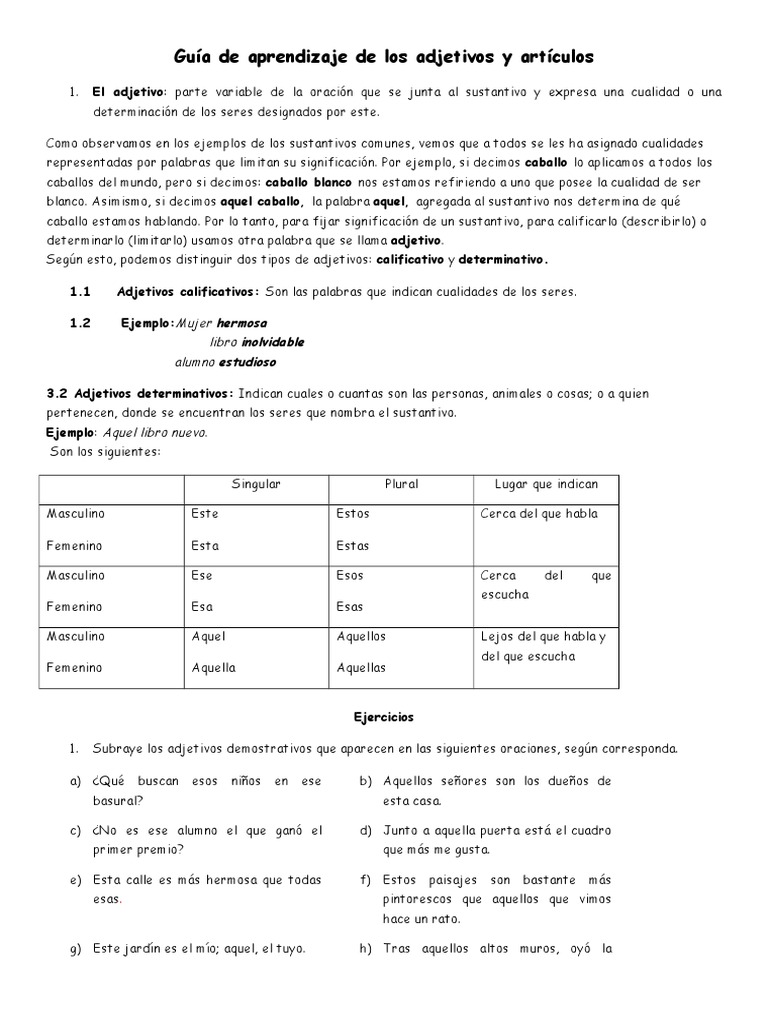 Guía de Aprendizaje de Los Adjetivos y Artículos | PDF | Adjetivo ...