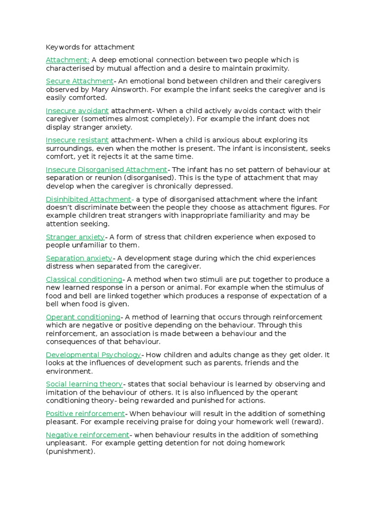 AQA Psychology Key Words For Attachment | PDF | Attachment Theory ...