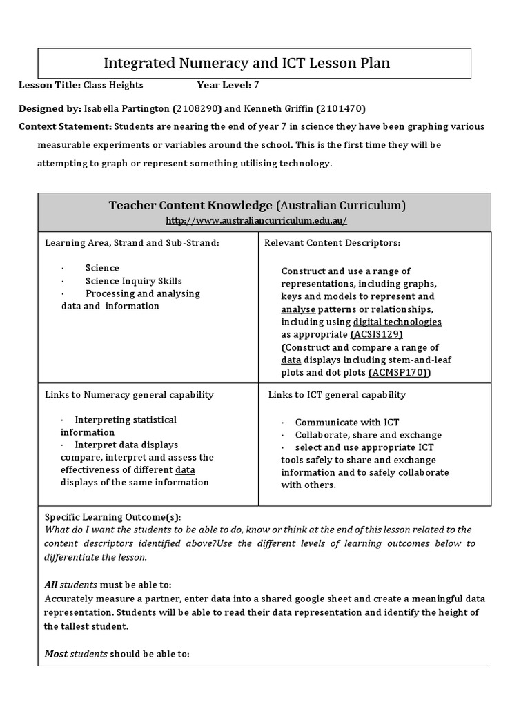 Integrated Numeracy and ICT Lesson Plan: Teacher Content Knowledge ...