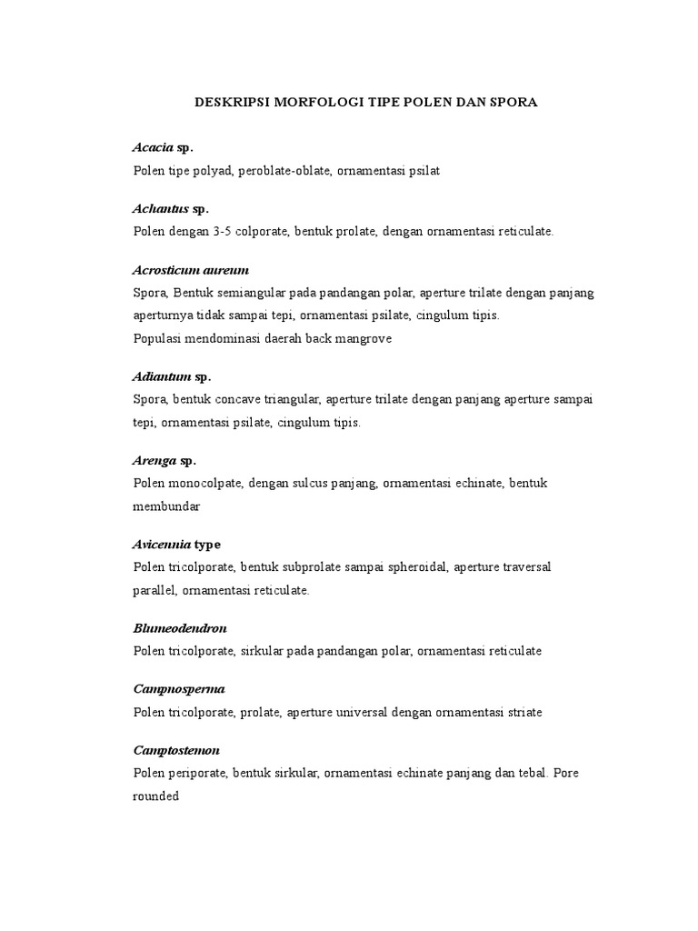 Deskripsi Morfologi Tipe Polen Dan Spora | PDF | Griya & Taman
