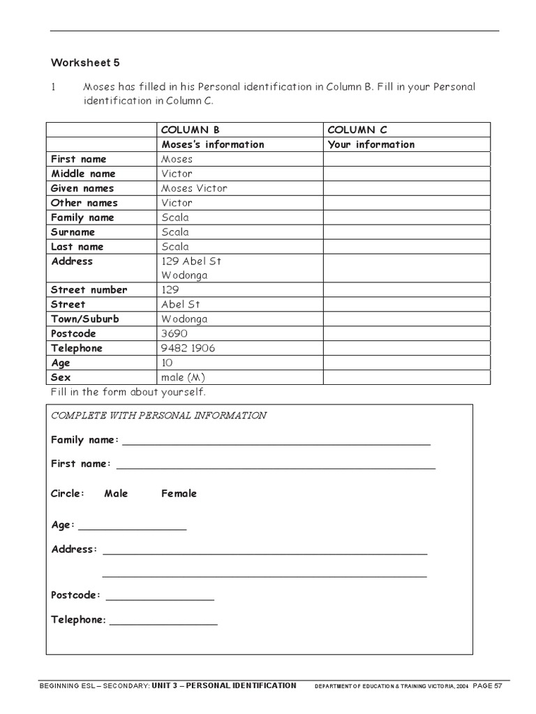 Personal Identification Worksheet | PDF | Sports & Recreation