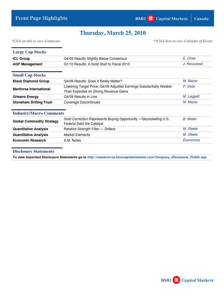 BMO Research Highlights Mar 25 | PDF | Yield (Finance) | Book Value