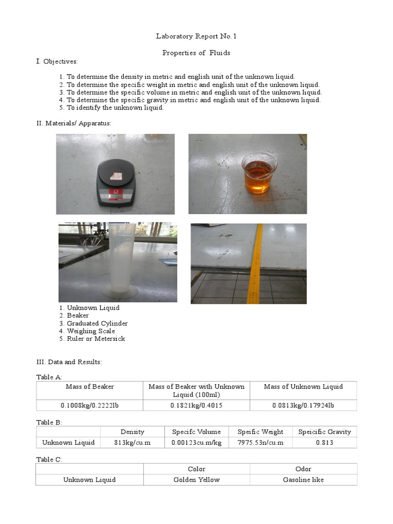 Laboratory Report No.1 Properties of Fluids I | PDF | Density | Mass