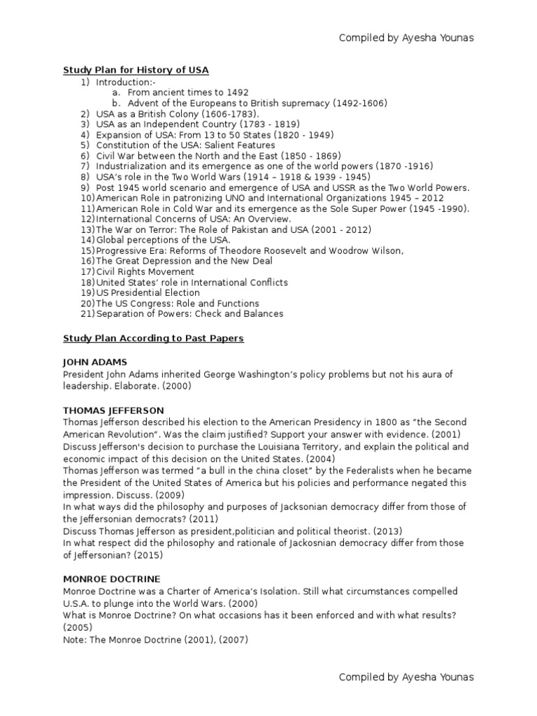 Study Plan For History of USA | PDF | James Madison | Thomas Jefferson