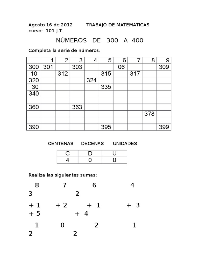 Actividades de Números del 300 al 400 | PDF