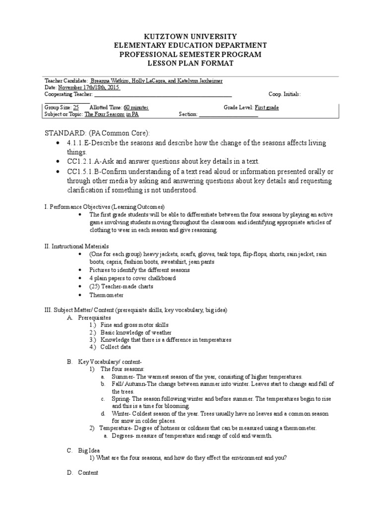 Four Seasons Lesson Plan | PDF | Lesson Plan | Educational Assessment