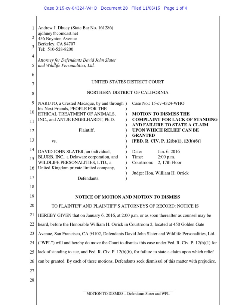 Naruto V David John Slater - Motion To Dismiss | PDF | Standing (Law) | Demurrer