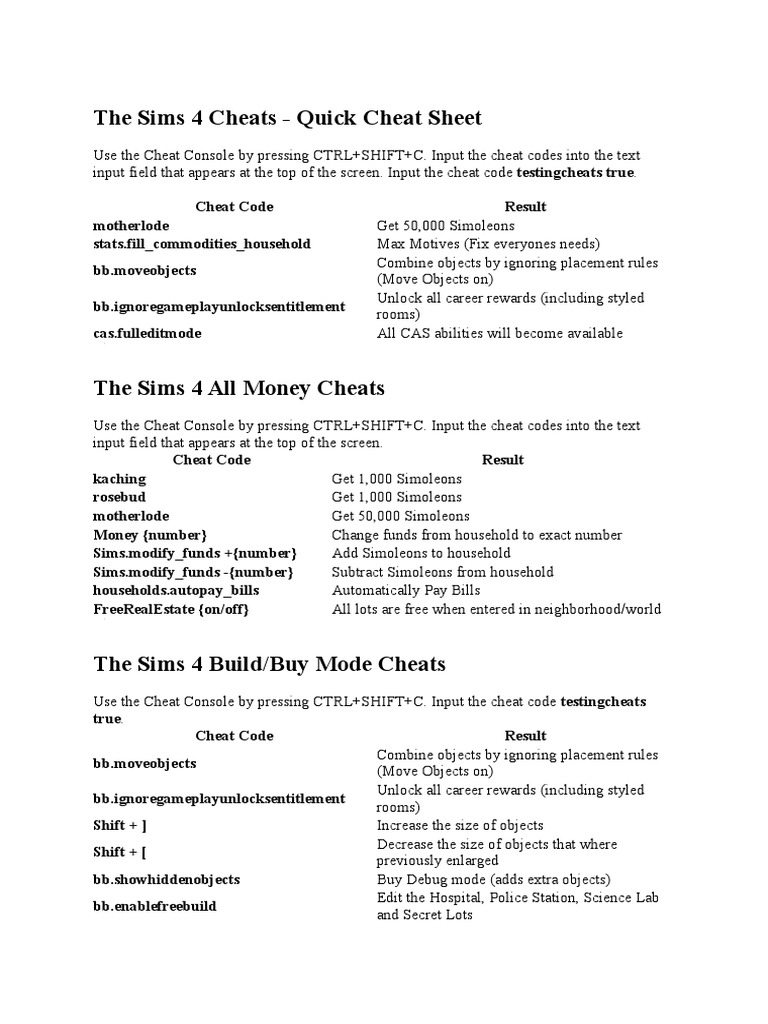 The Sims 4 Cheats - Quick Cheat Sheet | PDF | Cheating In Video Games ...