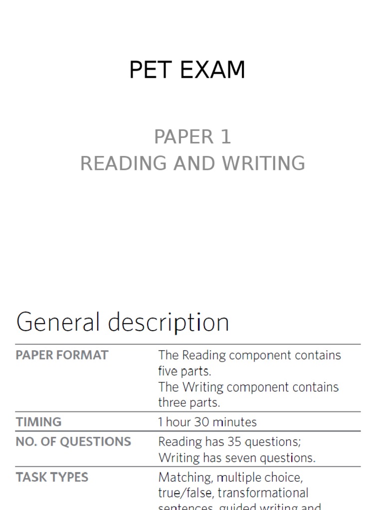 Pet Exam: Paper 1 Reading and Writing | PDF