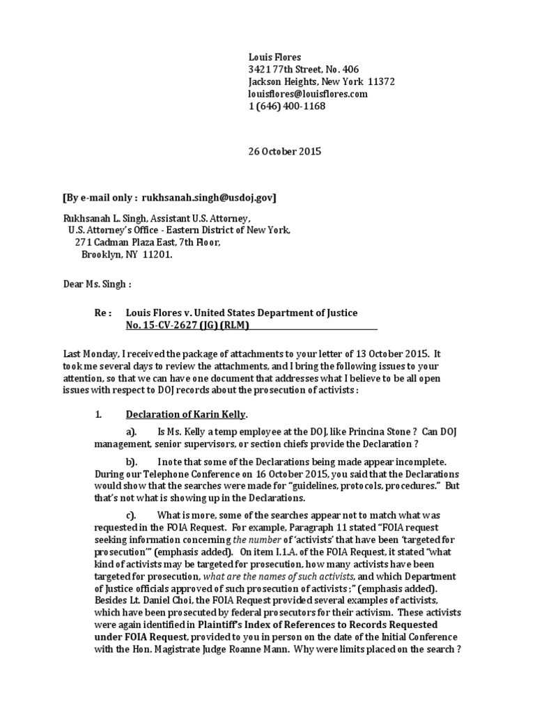 2015-10-26 Plaintiff's Letter to Defendant Regarding Discovery (Flores ...