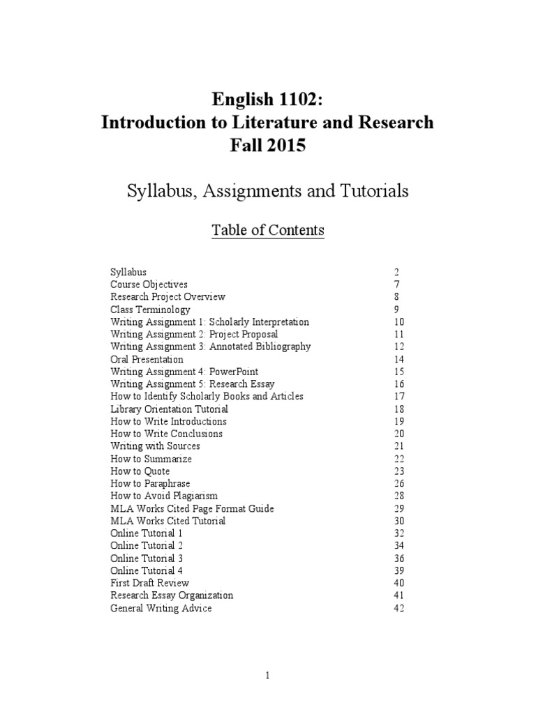 English 1102: Introduction To Literature and Research Fall 2015 | PDF ...