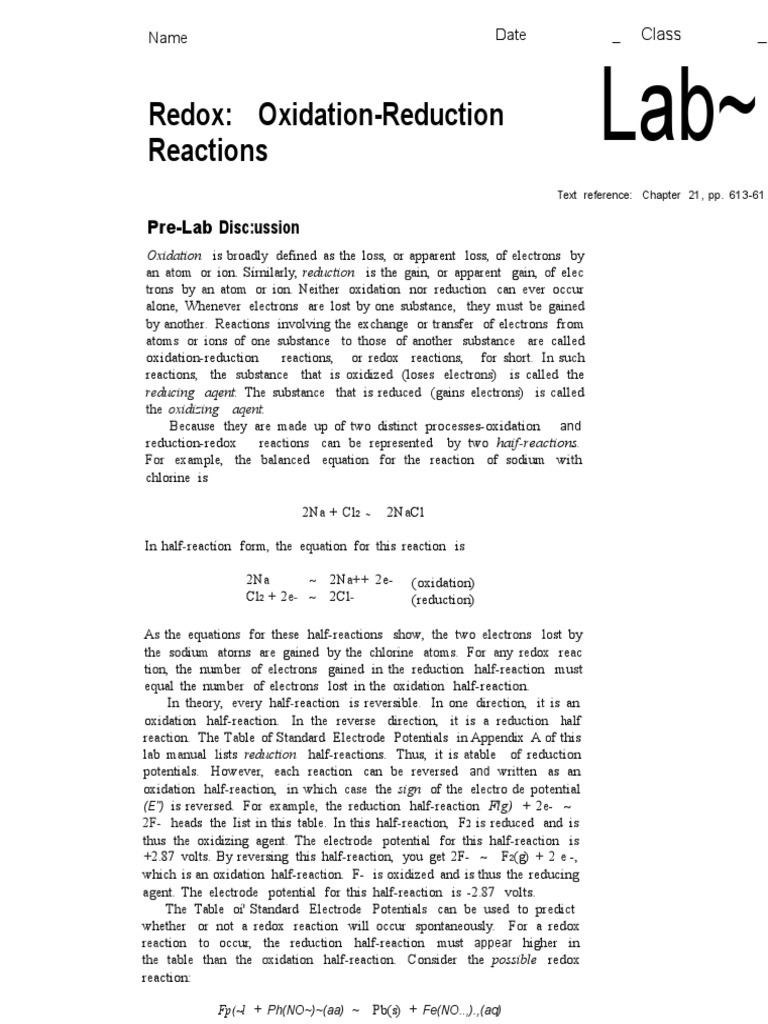 Redox: Oxidation-Reduction Reactions: Pre-Lab Disc | PDF | Redox | Atoms
