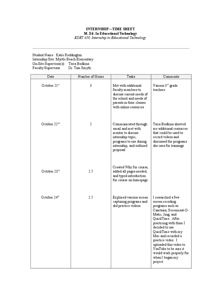 Internship-Time Sheet M. Ed. in Educational Technology | PDF ...