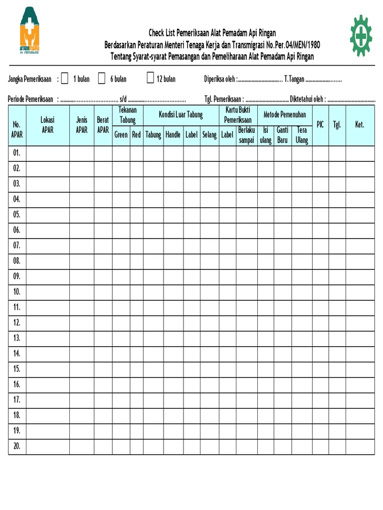 Check List Pemeriksaan APAR ANTAM | PDF | Hukum | Teknologi & Rekayasa