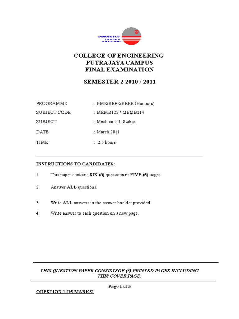 Mechanics I: Statics Exam Paper | PDF
