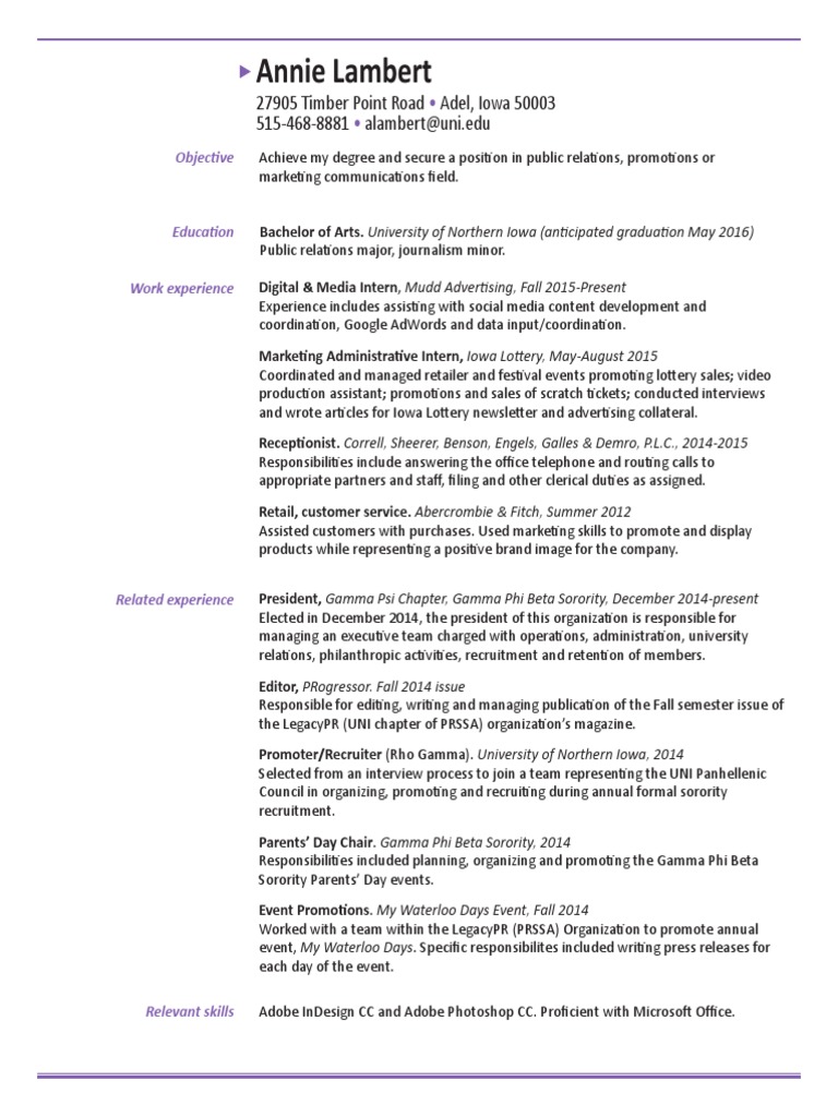 Annie Lambert's Public Relations Resume | PDF | Career & Growth ...