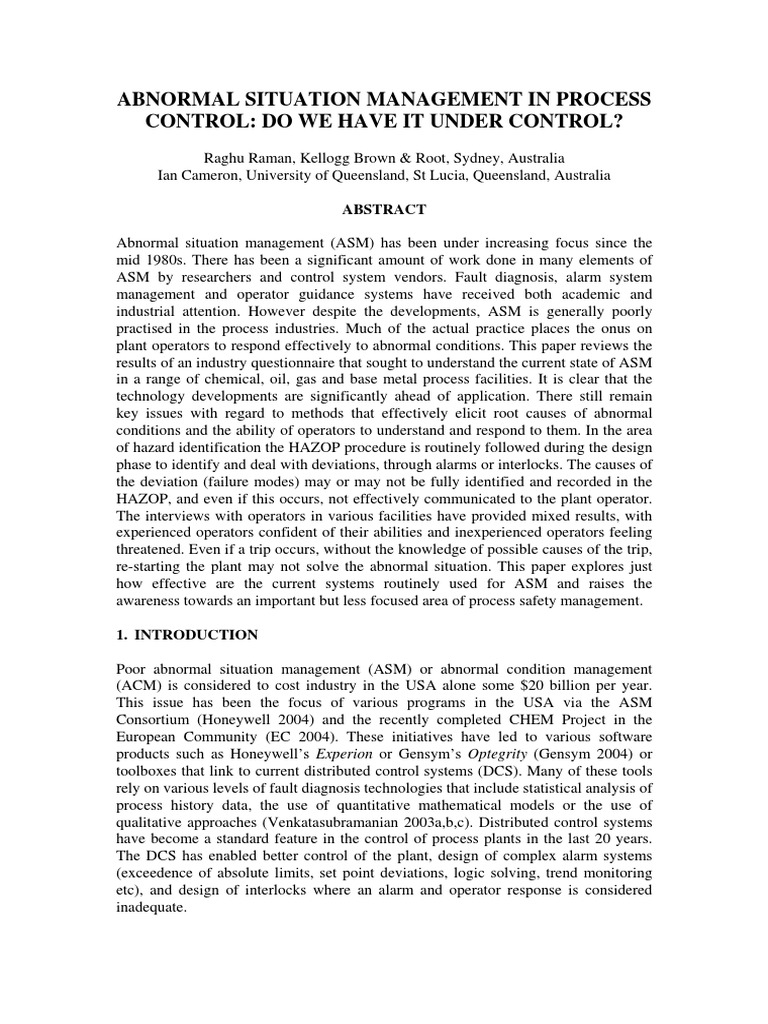 Abnormal Situation Management in Process Control: Do We Have It Under ...