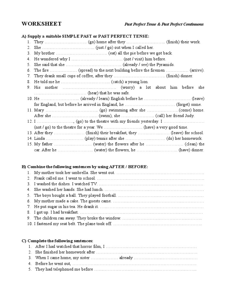 Past Perfect & Continuous Tense Worksheet | PDF | Perfect (Grammar)