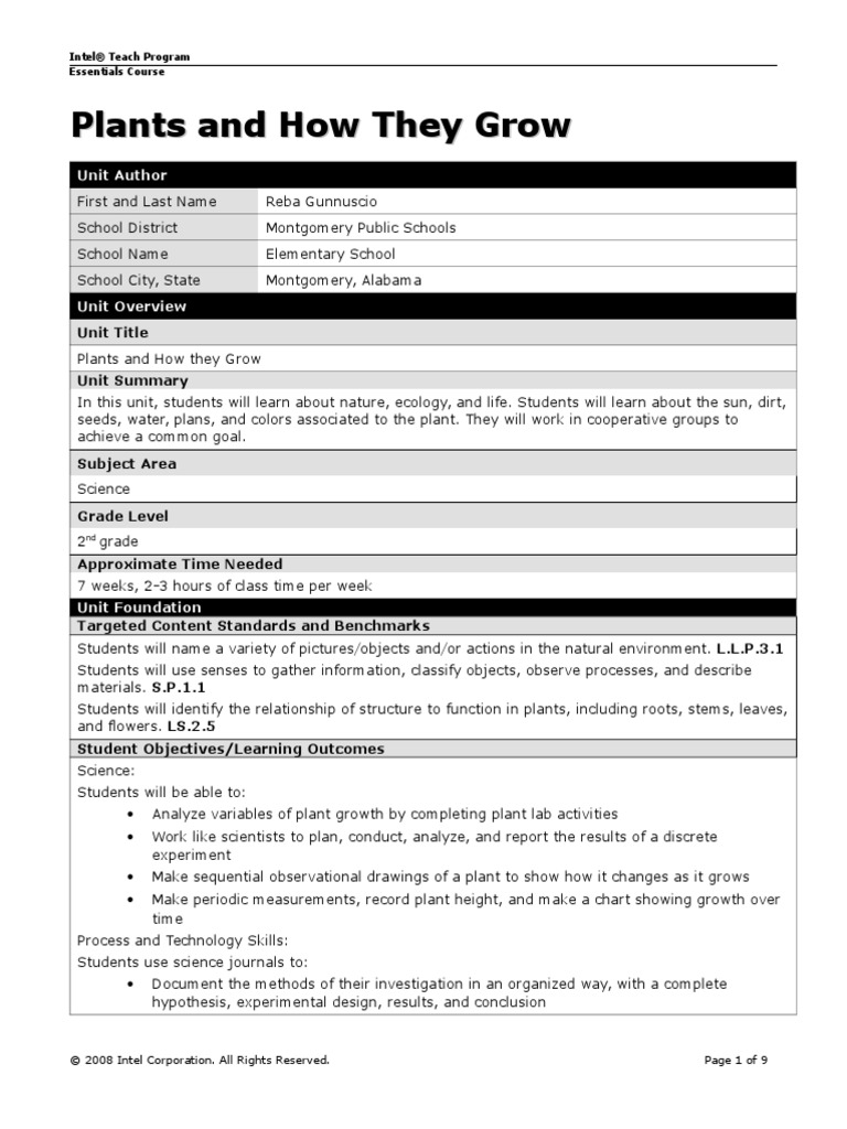 Plants and How They Grow Unit Plan | PDF | Educational Assessment ...