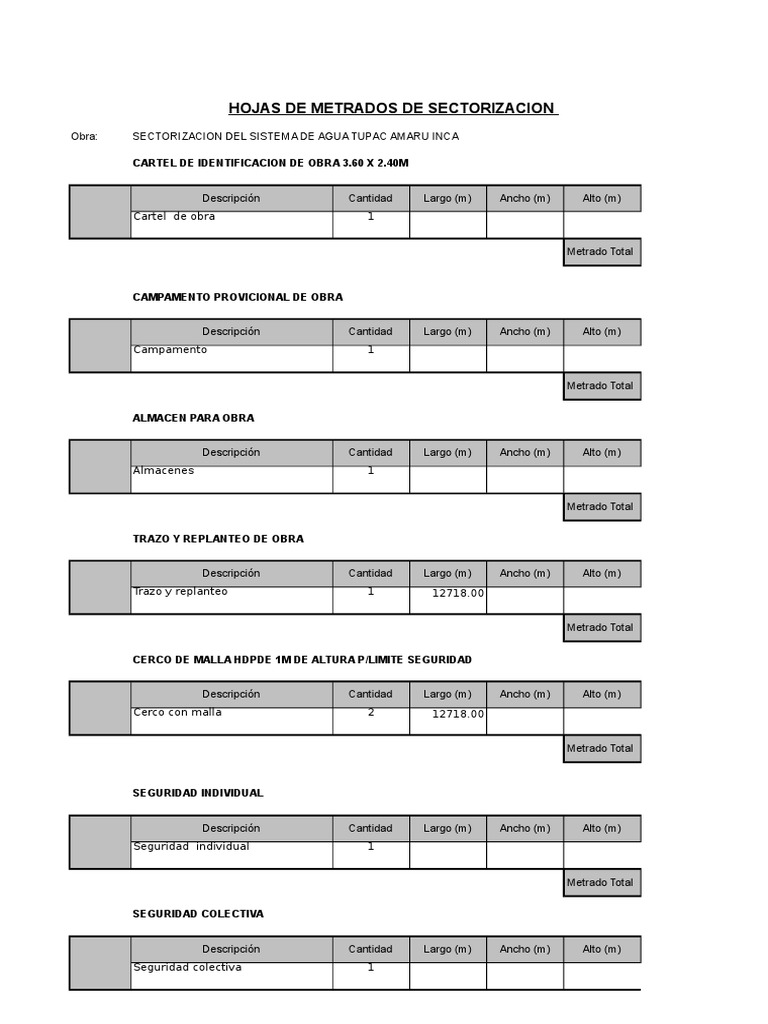 Hoja de mediciones de obras de sectorización del sistema de agua Tupac Amaru Inca | PDF ...