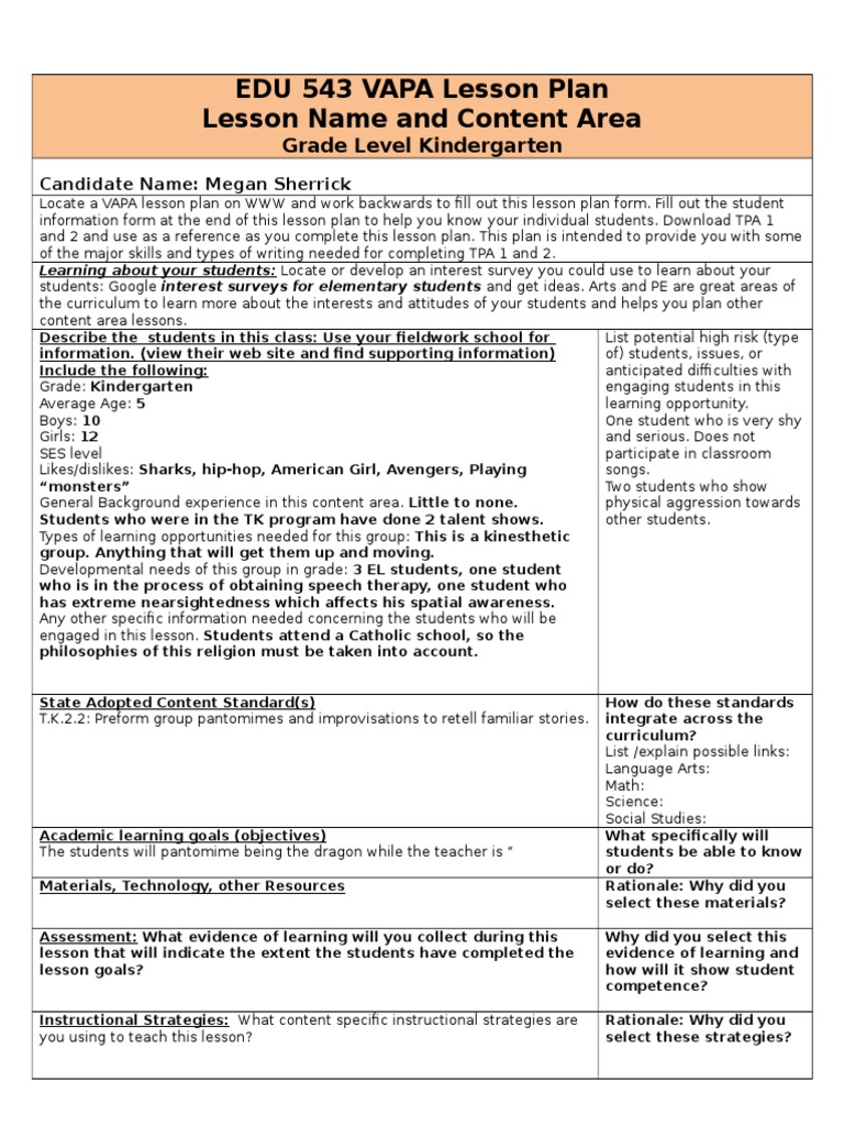 EDU 543 VAPA Lesson Plan Lesson Name and Content Area: Grade Level ...