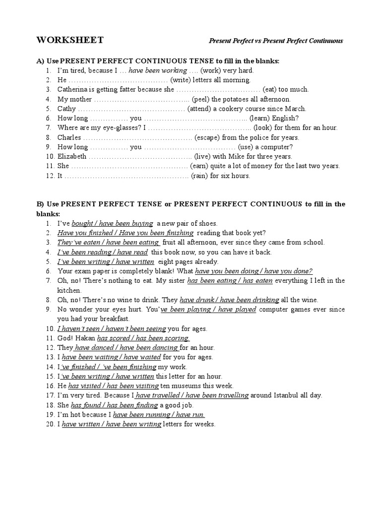 WORKSHEET Present Perfect Vs Present Perfect Continuous | PDF