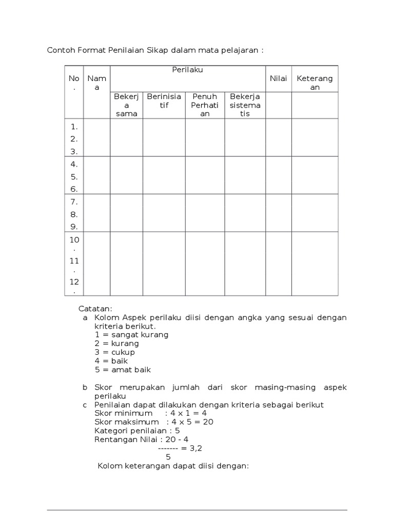 Contoh Format Penilaian Sikap Dalam Mata Pelajaran | PDF