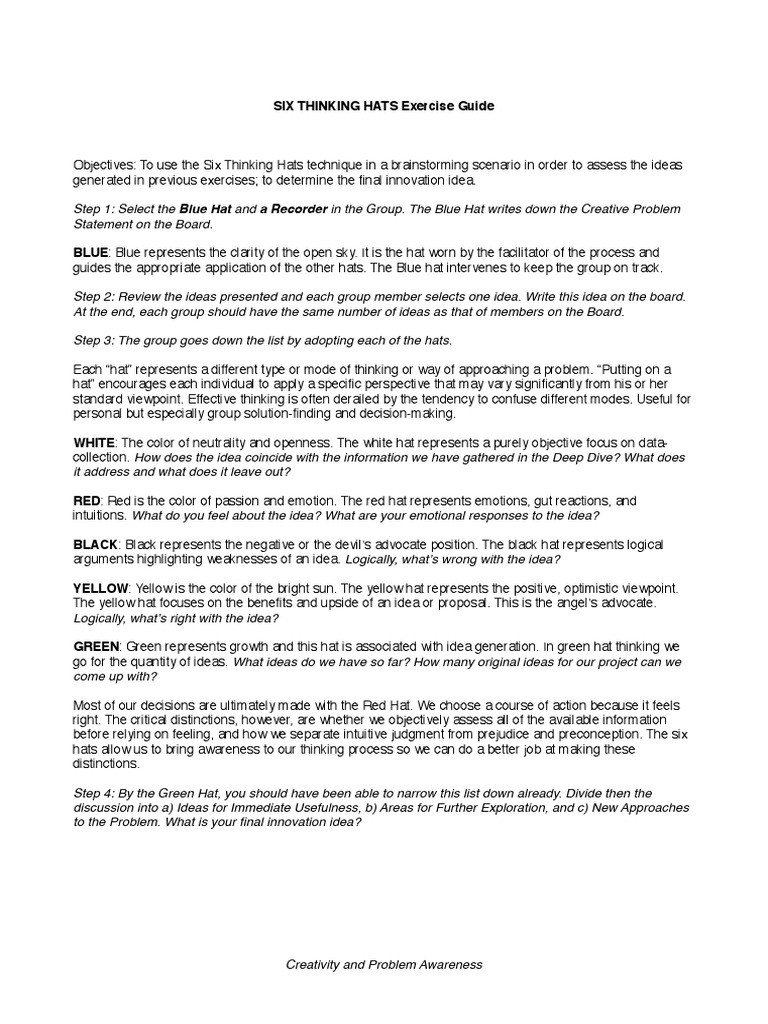 Six Thinking Hats Exercise Guide | PDF | Creativity | Thought