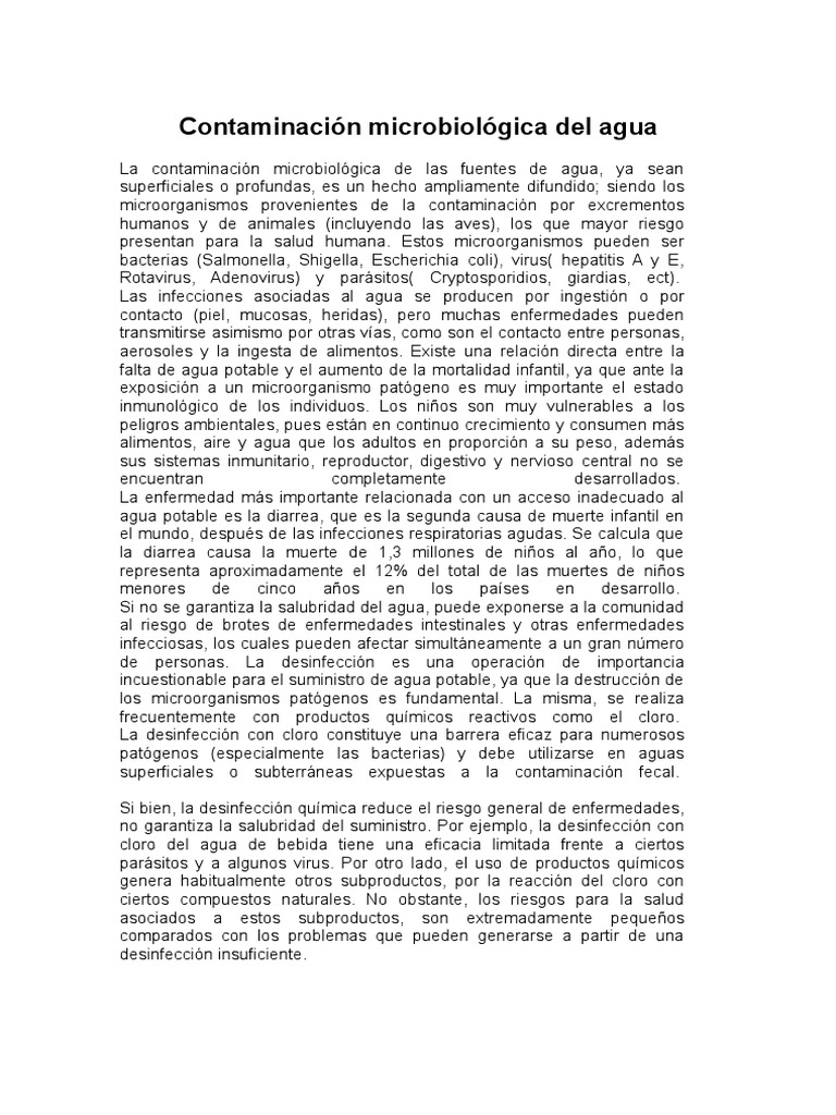 Contaminación Microbiológica Del Agua | PDF | Diarrea | Microbiología