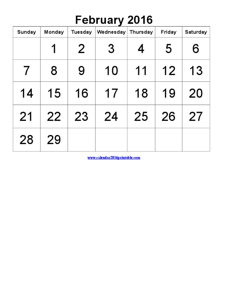 February 2016 Calendar Printable Excel | PDF