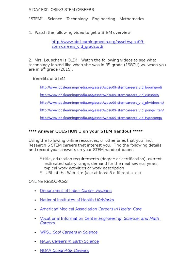 A Day Exploring Stem Careers | PDF | Science, Technology, Engineering ...