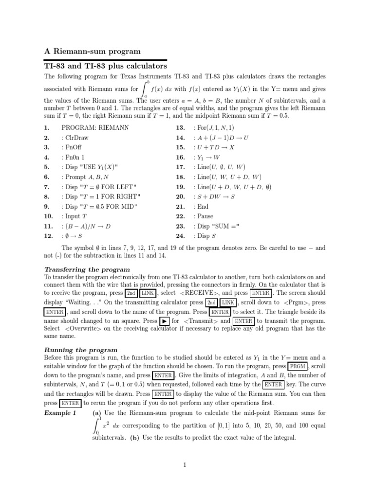 A Riemann-Sum Program TI-83 and TI-83 Plus Calculators | Download Free ...