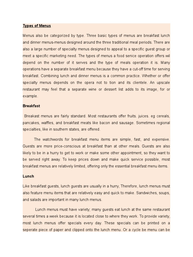 Types of Menus | PDF | Menu | Lunch