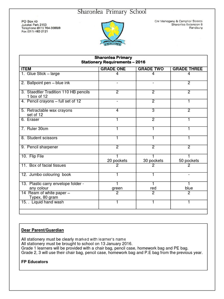 Foundation Phase Stationery List 2016 | Pencil | Writing Implements