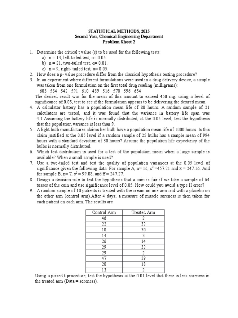 Problem Sheet 2: Statistical Methods, 2015 Second Year, Chemical ...