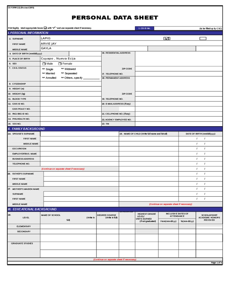 Personal Data Sheet: Lapig Arvie Jay Gayla | PDF | Government | Social ...