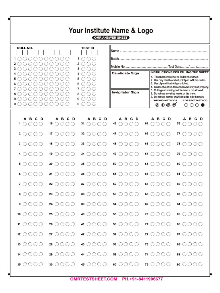 90 Questions OMR Sheet