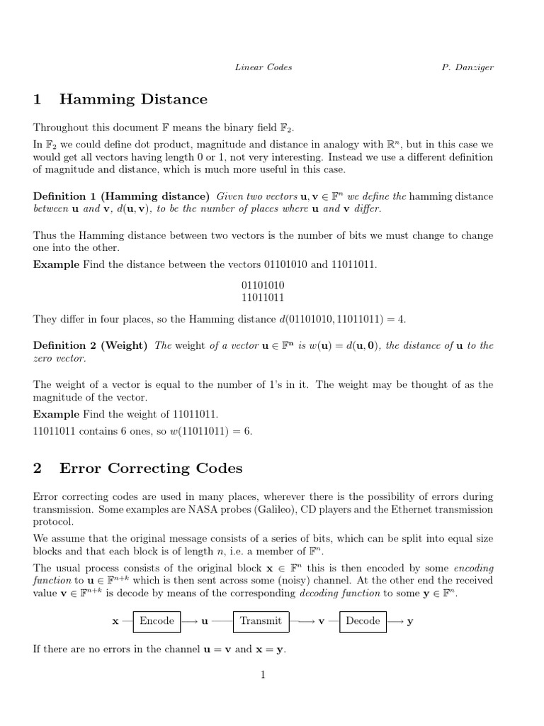 1 Hamming Distance: Linear Codes P. Danziger | PDF | Algebra | Statistical Theory