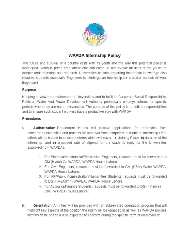 WAPDA Internship Policy: Purpose | PDF | Internship | Job Hunting
