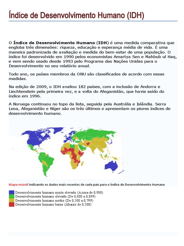 Índice de Desenvolvimento Humano (IDH) | Ciências Sociais Ambientais ...