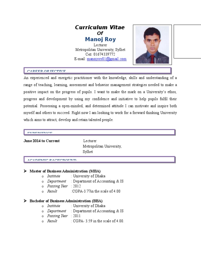 Curriculum Vitae: Manoj Roy | PDF | Secondary School | Master Of Business Administration