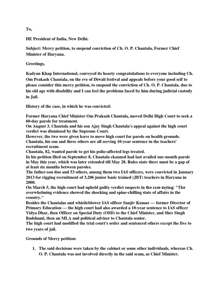 Mercy Petition For Chautala, To Suspend His Conviction - Kadyan Khap ...