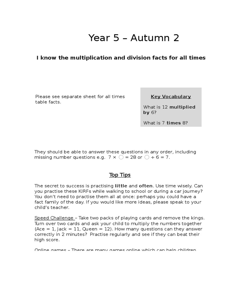 Year 5 Times Tables Practice Guide | PDF