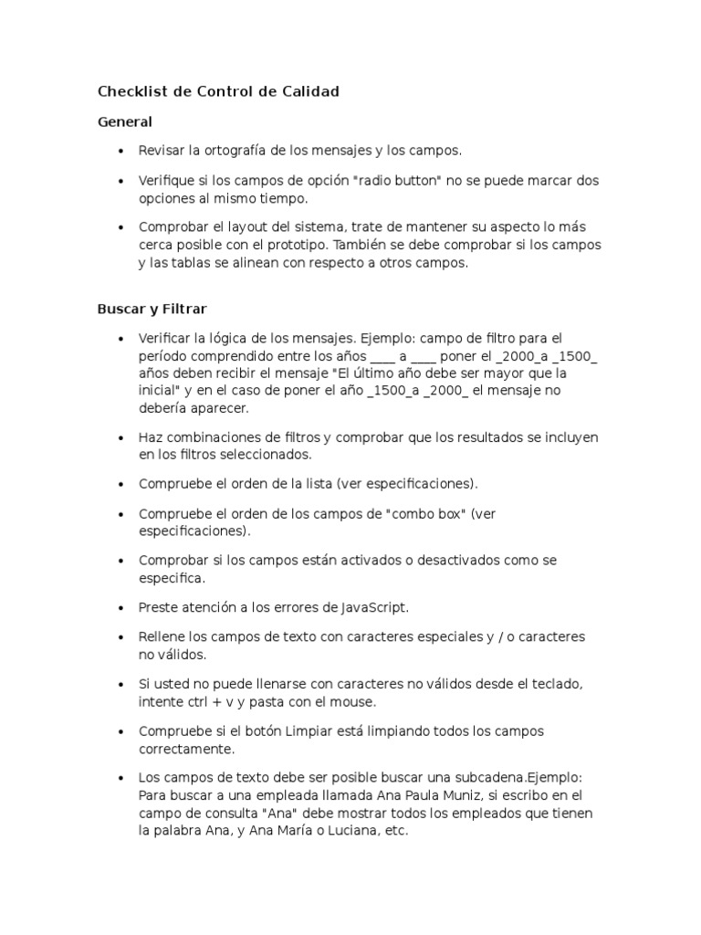 Checklist de Control de Calidad | PDF | Informática | Software