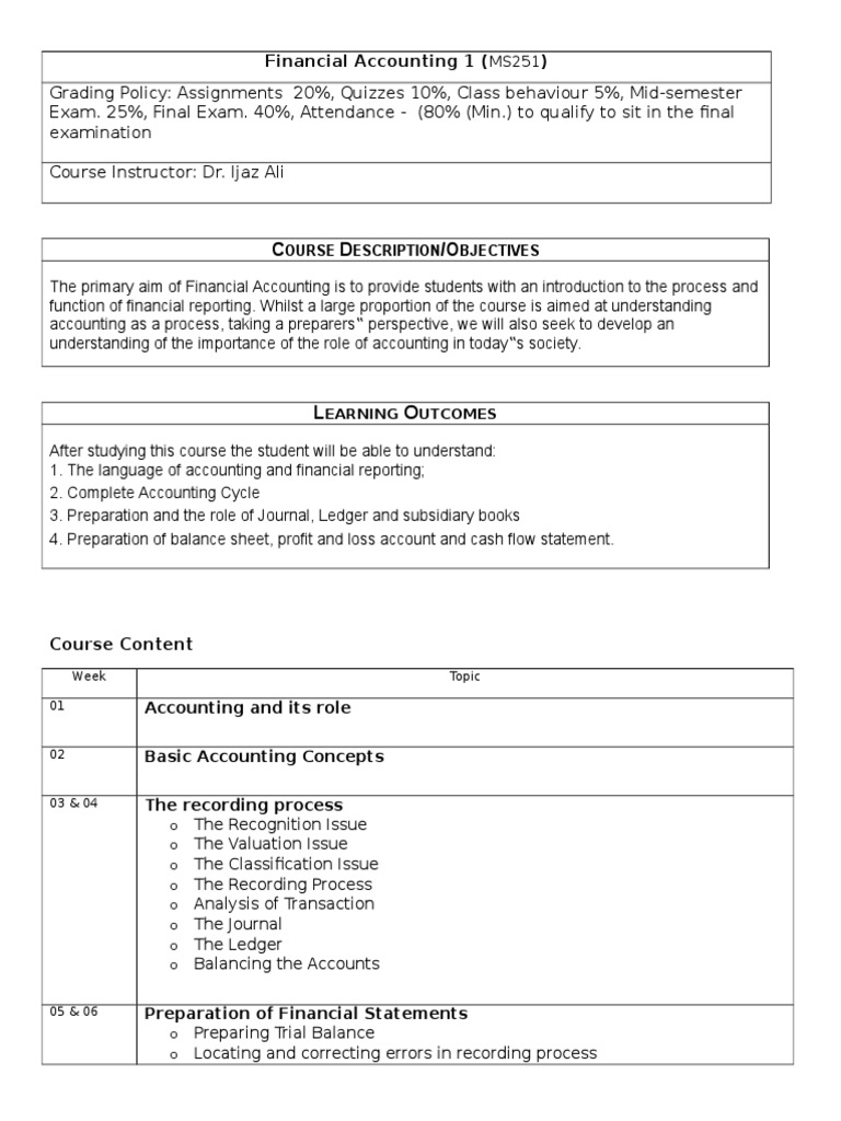 Financial Accounting 1 Course Outline | PDF | Financial Accounting ...