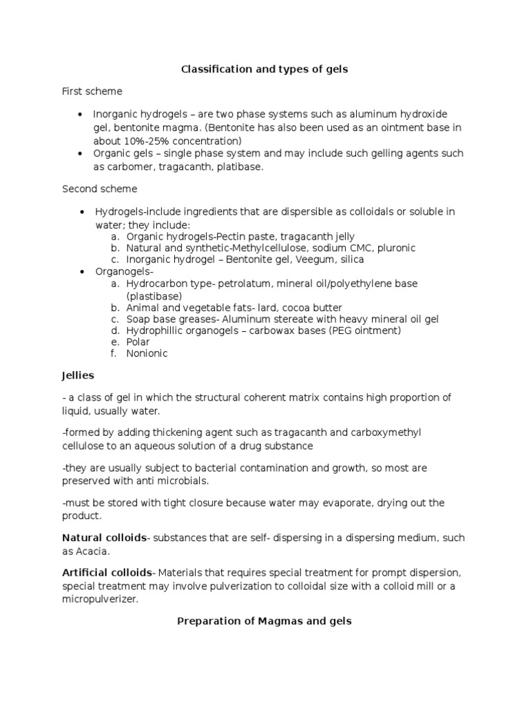 Classification and Types of Gels | PDF | Gel | Colloid