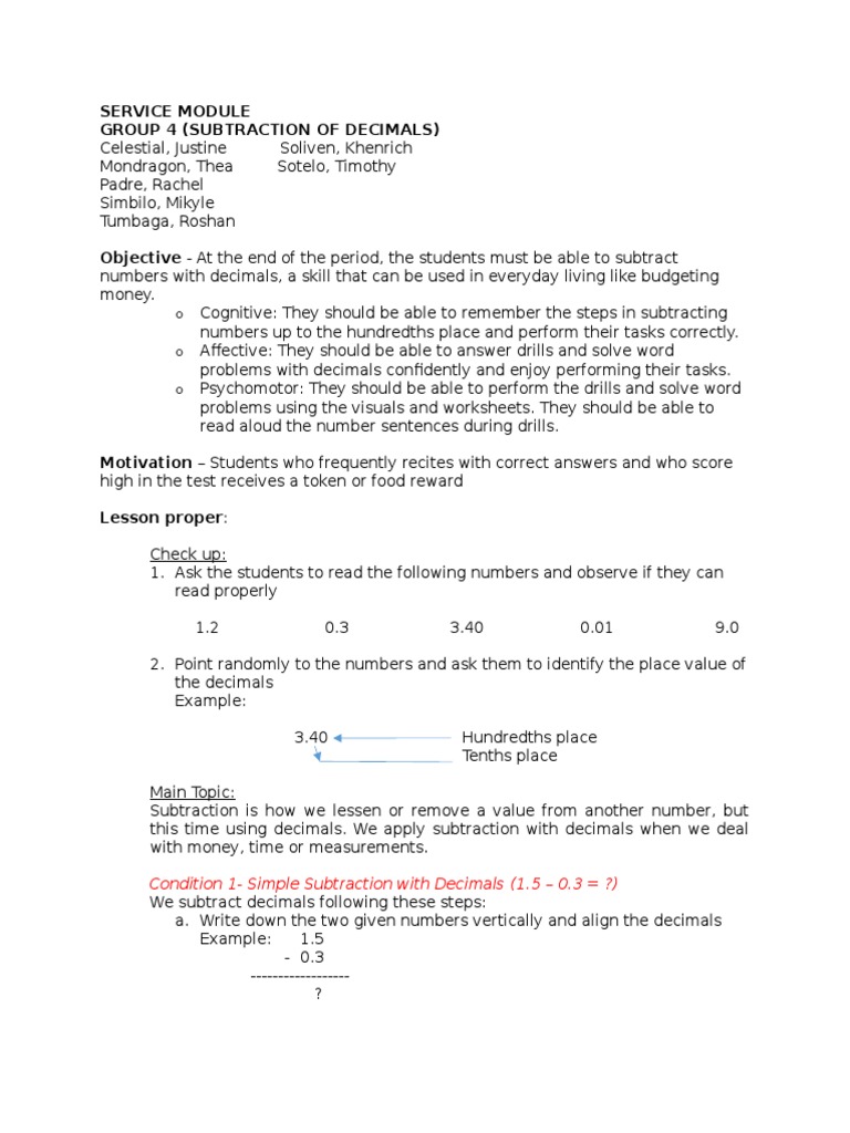 Subtracting Decimals: Lesson Plan | PDF | Subtraction | Teaching ...