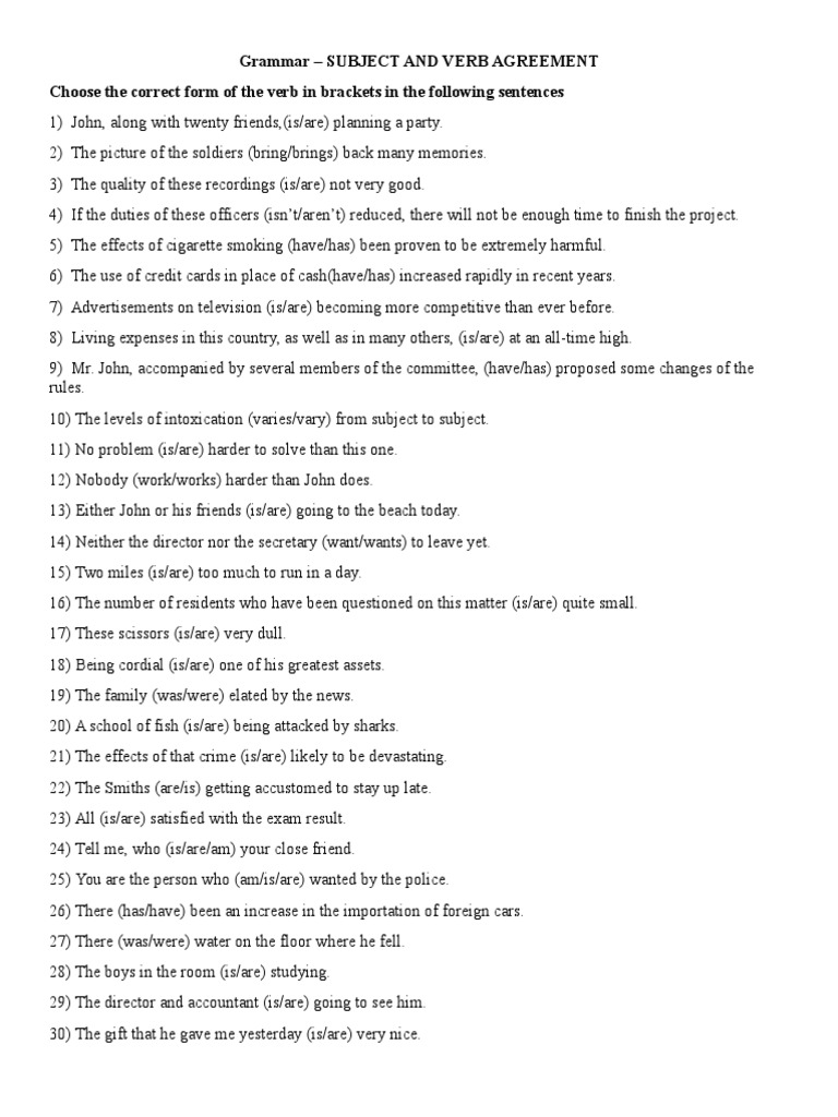 Grammar - Subject Verb Agreement | PDF | Science & Mathematics